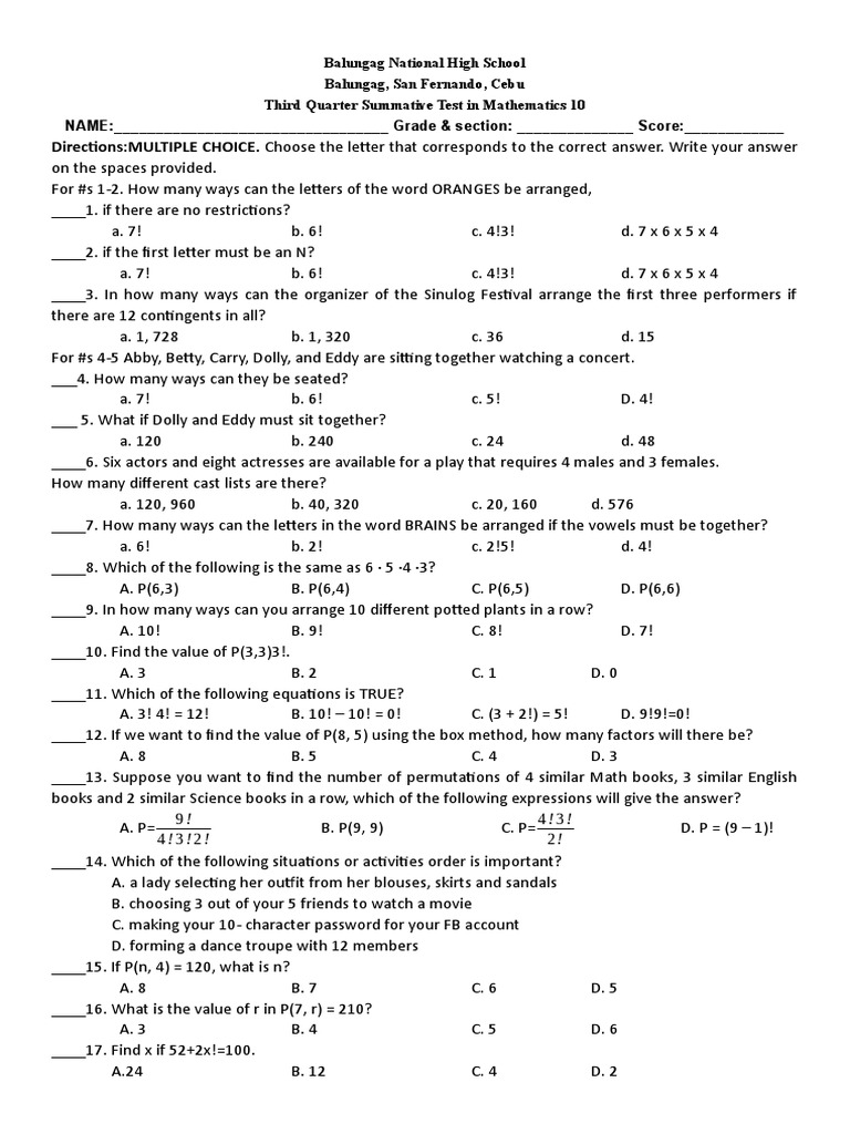Balungag National High School Third Quarter Summative Test in ...