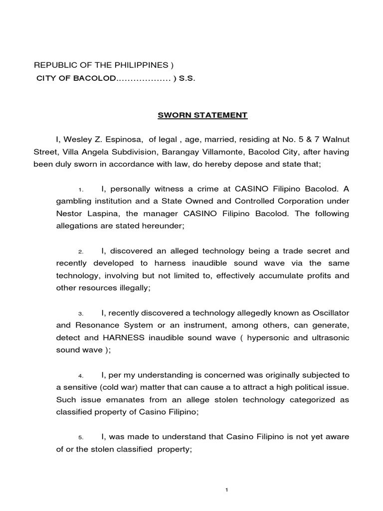 Sworn Statement on Casino Filipino Allegations | PDF | Justice | Crime ...