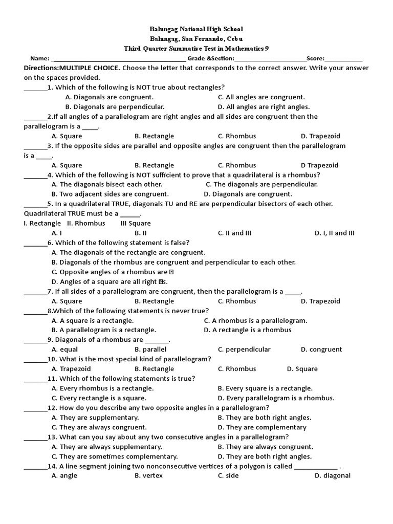 3rd Quarter Math 9 | PDF | Rectangle | Perpendicular