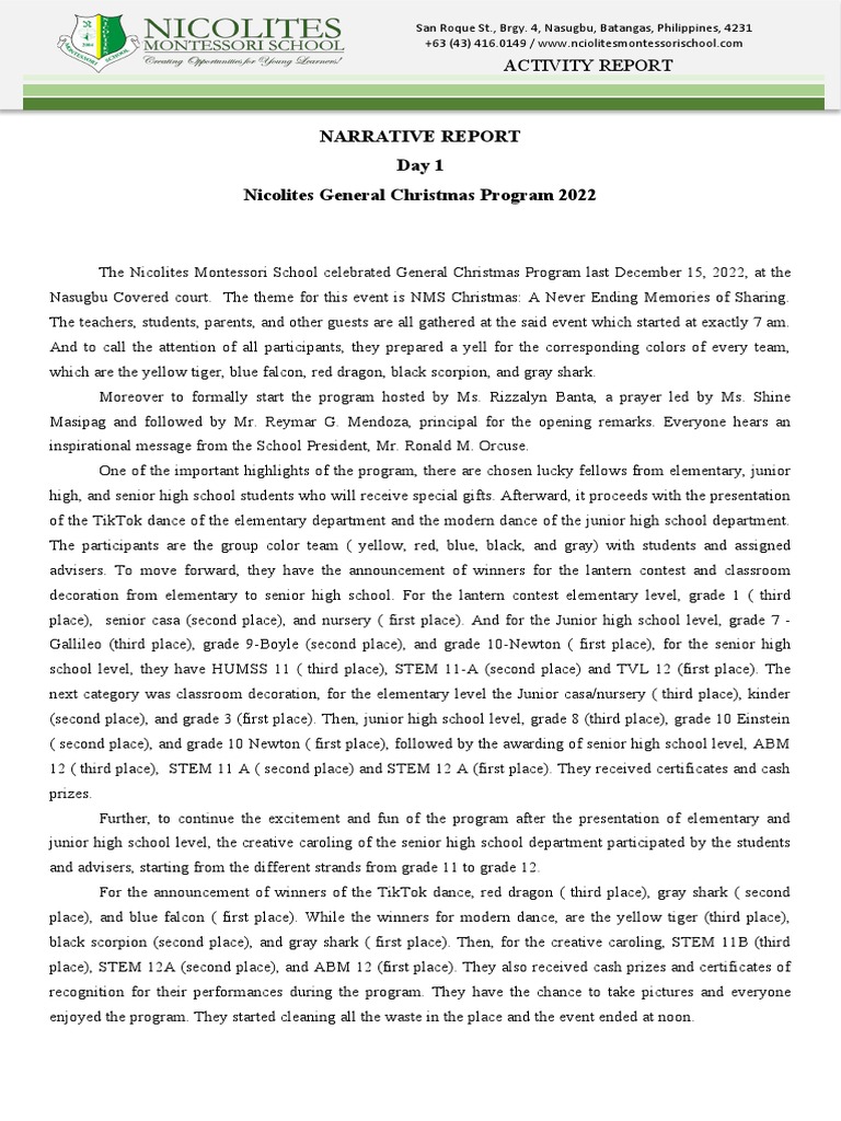 CHRISTMAS PROGRAM-NARRATIVE REPORT - Edited | PDF | Christmas