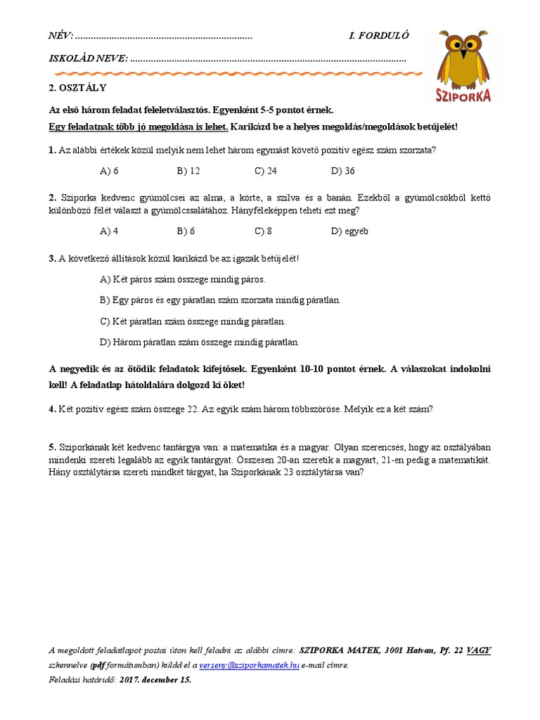 SZIPORKA5 2. Évfolyam 1. Forduló | PDF