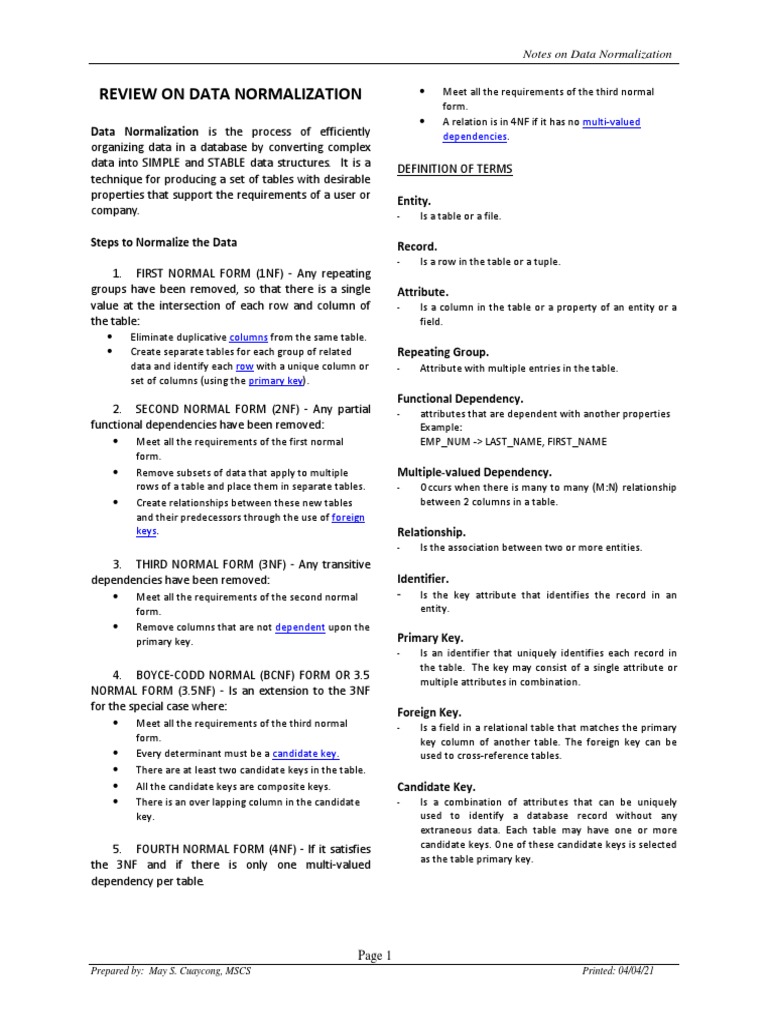 04 DATA NORMALIZATION AND ERD 4-4-21 | PDF | Table (Database) | Data Model