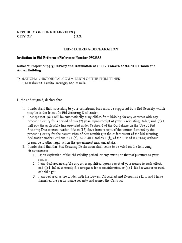 Bid Securing Declaration Nhcp | PDF | Notary Public | Government