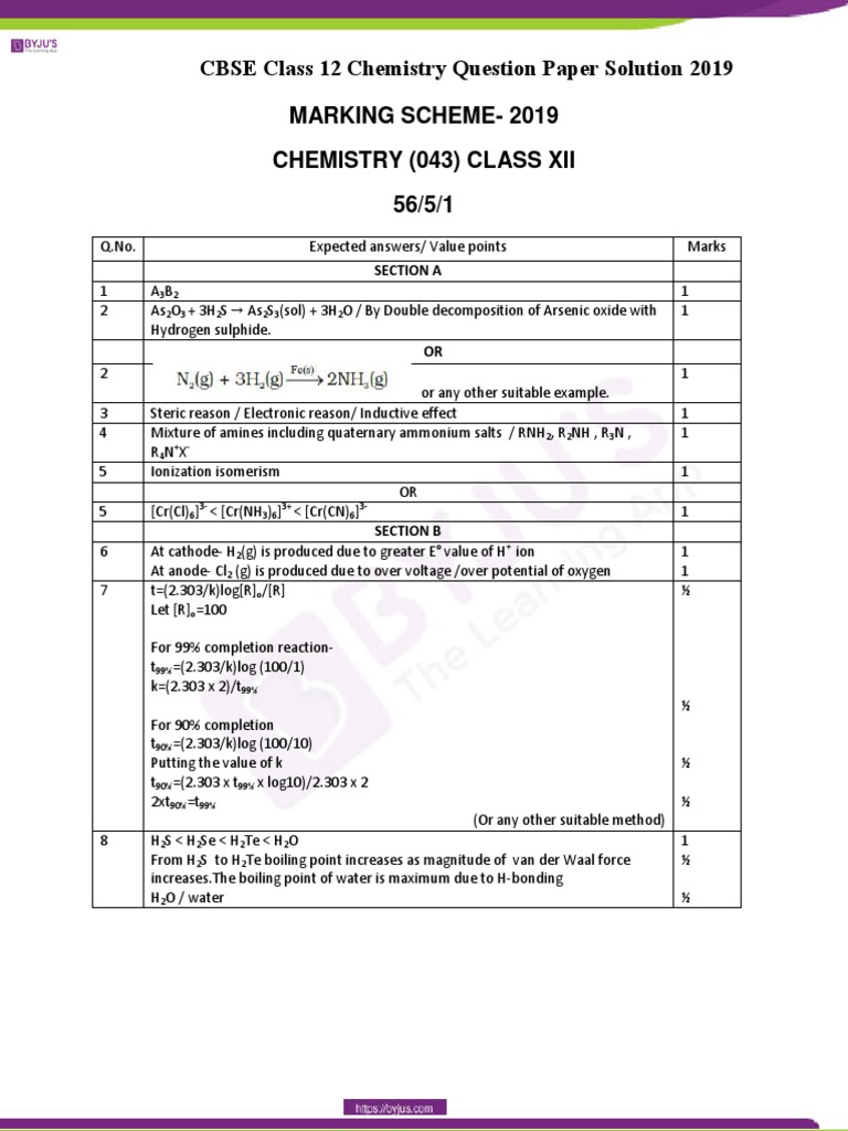 CBSE Class 12 Question Paper Solution 2019 Chemistry Set 5 | PDF ...