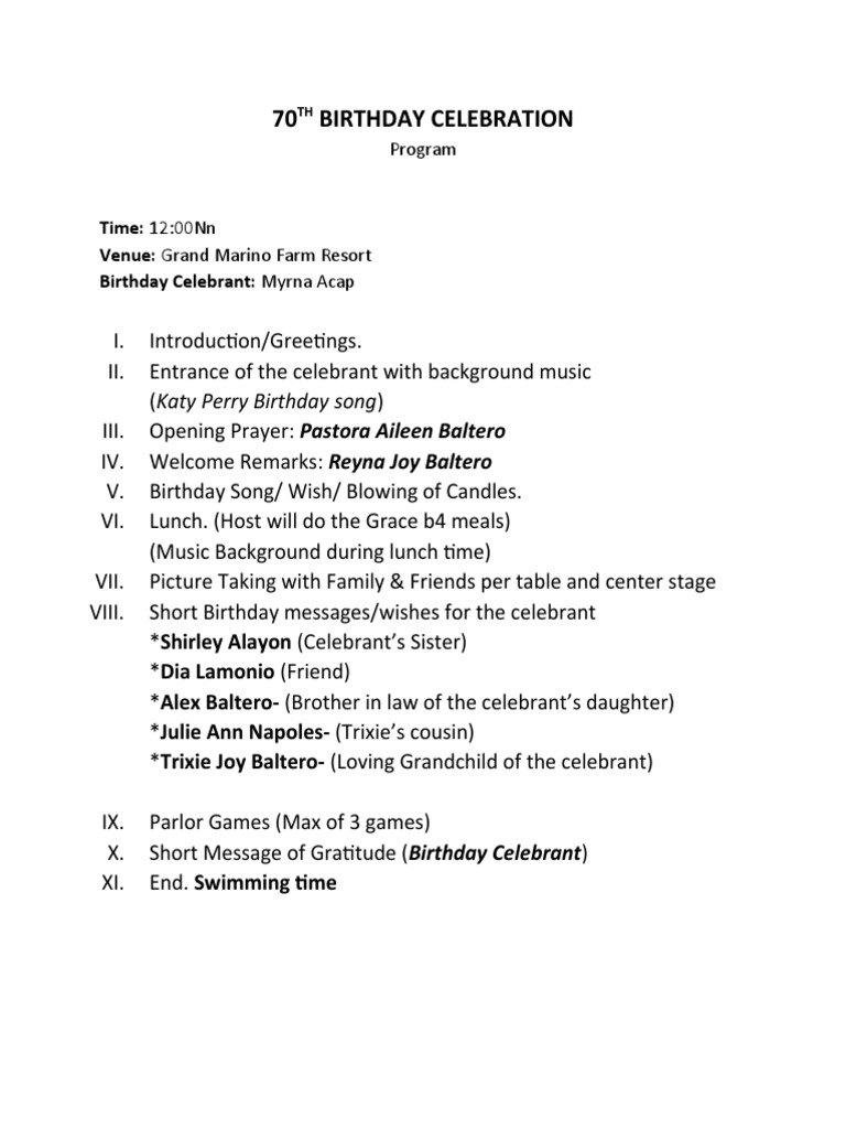 Maam Myrna 70TH Bday Program | PDF