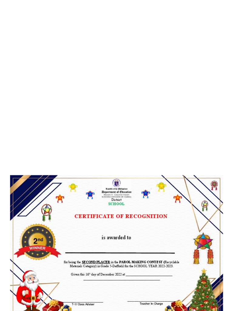Second Place Certificate for Parol Contest | PDF