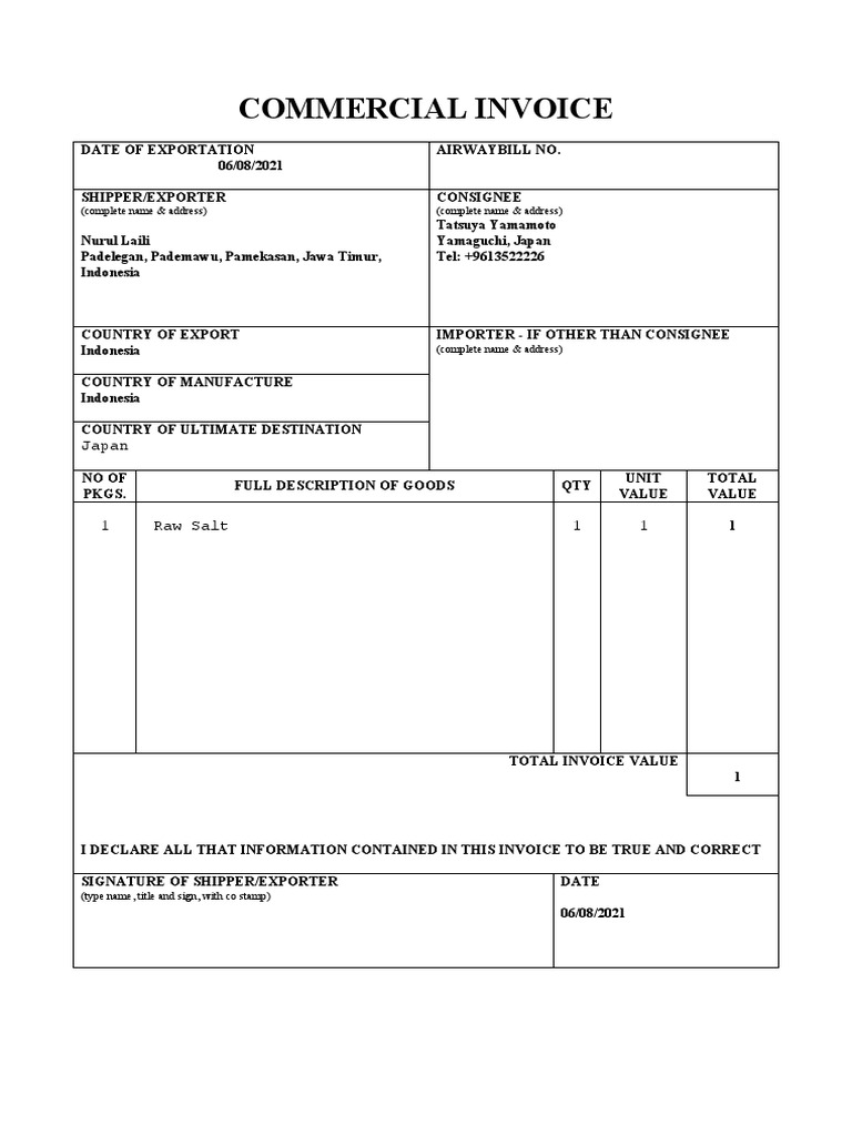 Contoh Commercial Invoice Ekspor Garam | PDF