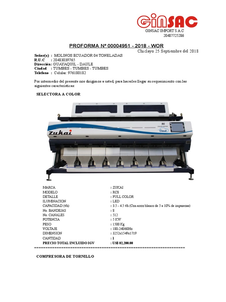 Proforma Equipos Industriales 2018 | PDF