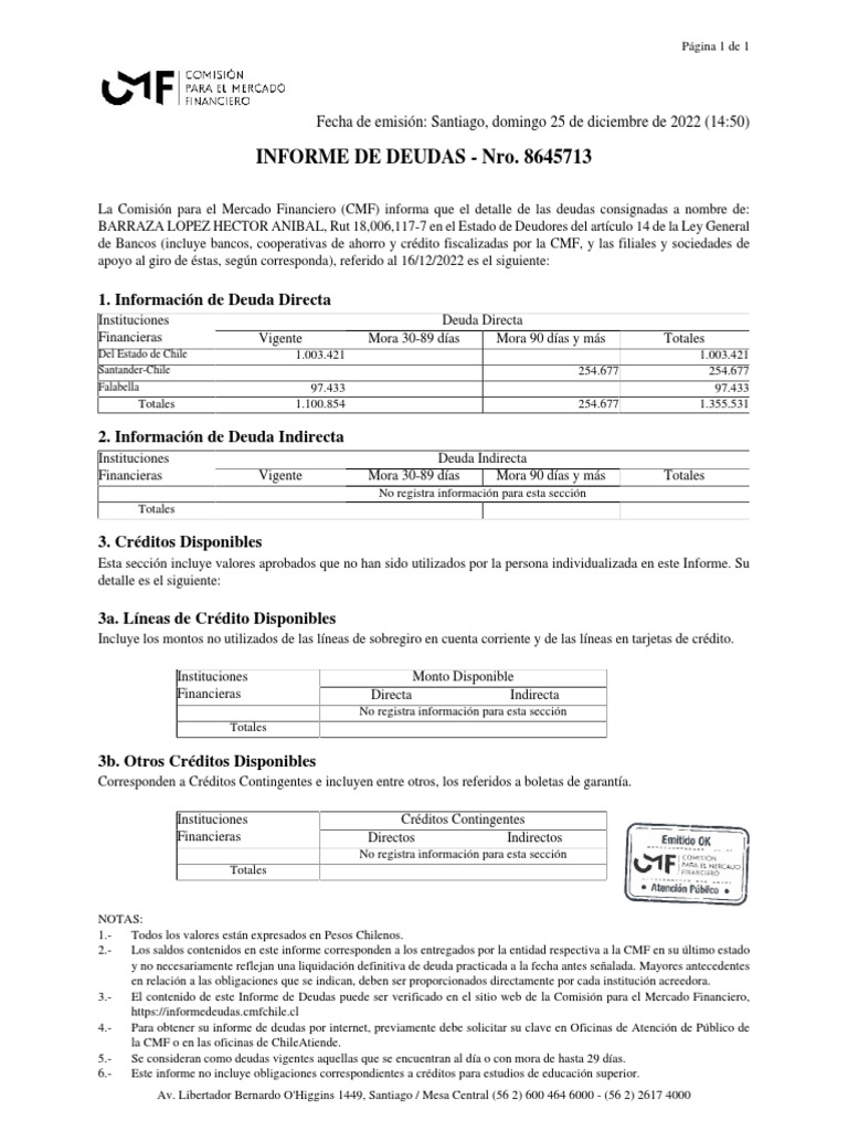 INFORME DE DEUDAS - Nro. 8645713: 1. Información de Deuda Directa | PDF | Bancos | Deuda