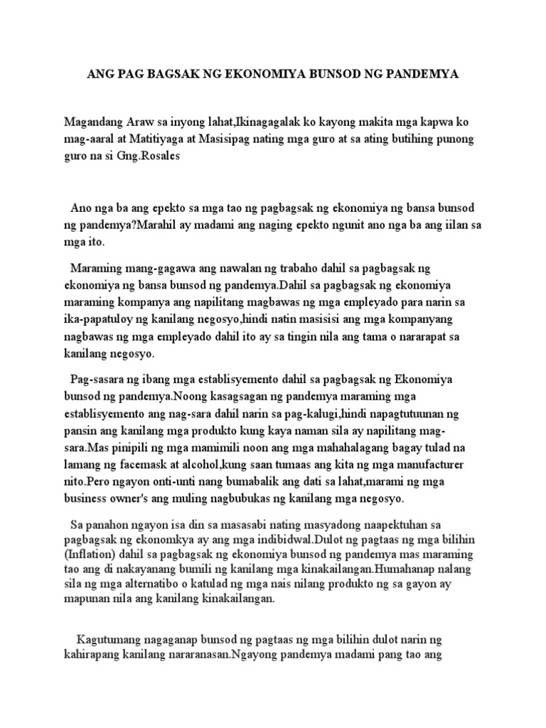 Ang Pag Bagsak NG Ekonomiya Bunsod NG Pandemya | PDF