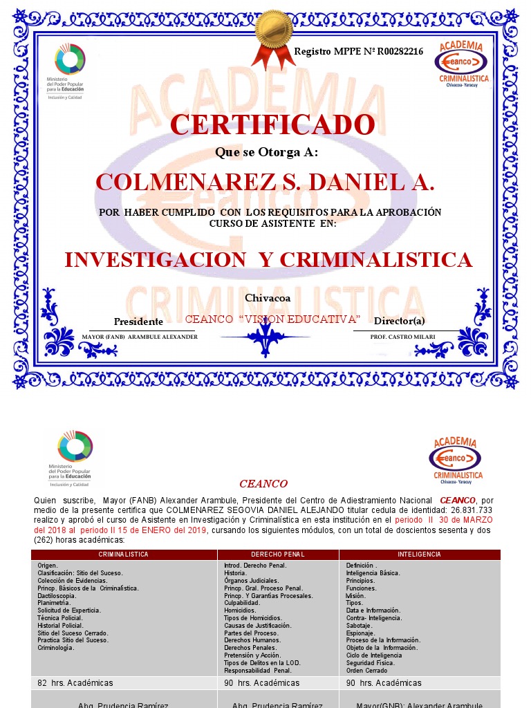Certificado de Aprobación de Curso de Asistente en Investigación y Criminalística Otorgado a ...
