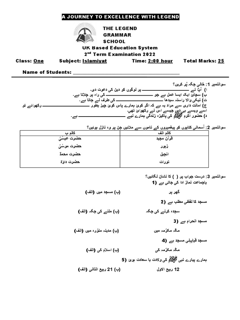 Class 1 Islamiyat (2-22) | PDF