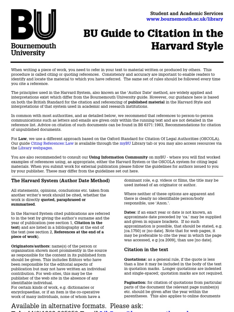 BU Guide To Citation in The Harvard Style: Available in Alternative ...