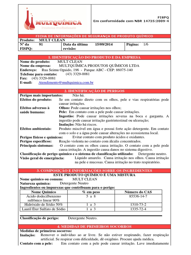 FISPQ - Mult Clean | Download grátis PDF | Química | Embalagem e rotulagem