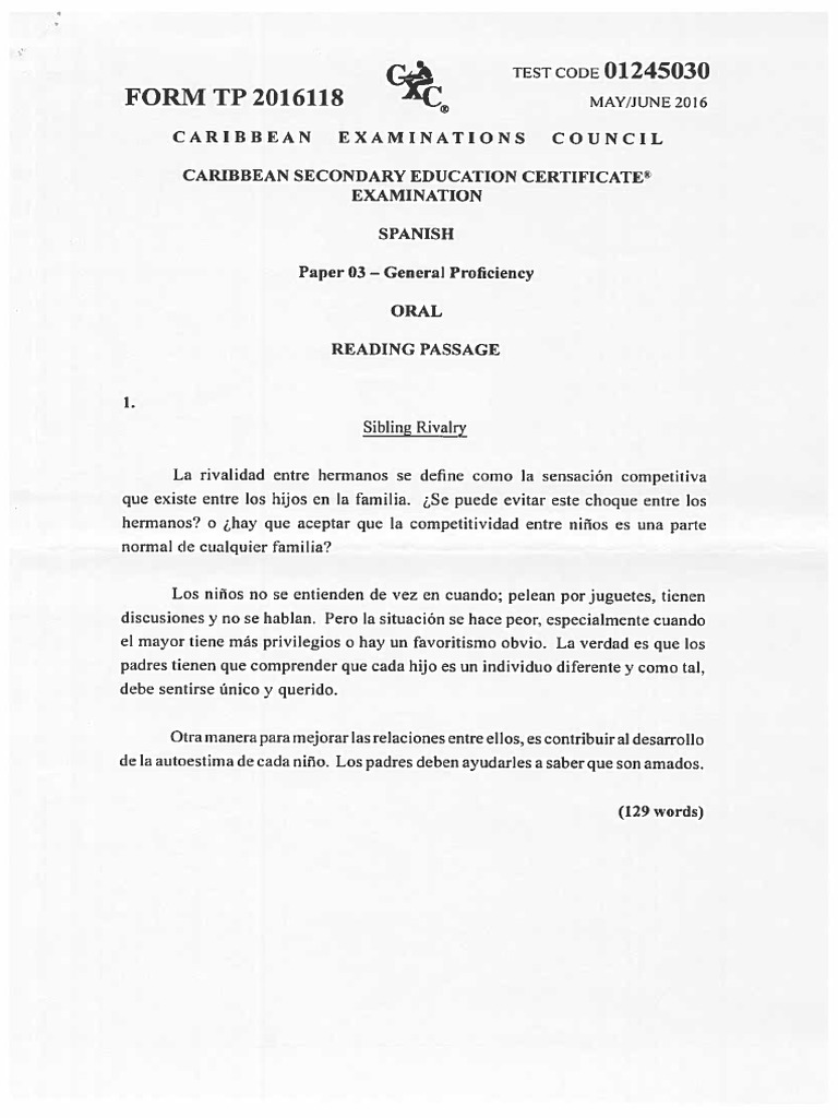 CSEC June 2016 Orals Reading | PDF