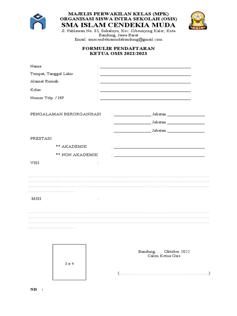 Formulir Pendaftaran Calon Ketua Osis | PDF Formulir Pendaftaran Calon Ketua Osis | PDF
