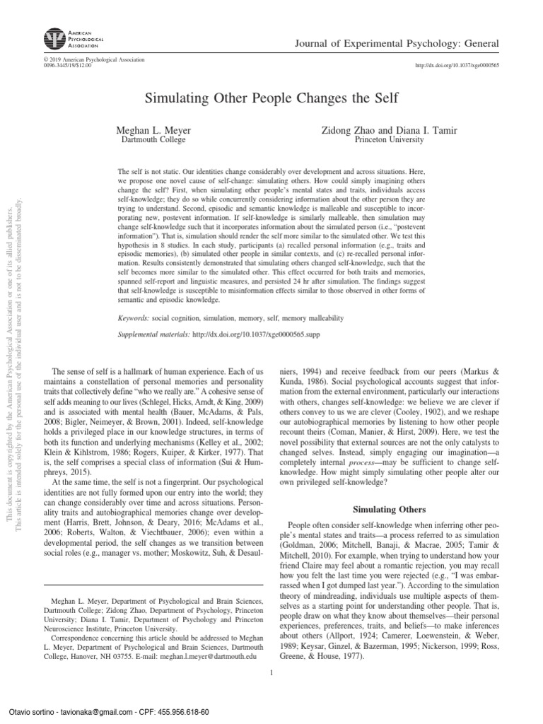 Simulating Other People Changes The Self | PDF | Memory | Self Simulating Other People Changes The Self | PDF | Memory | Self