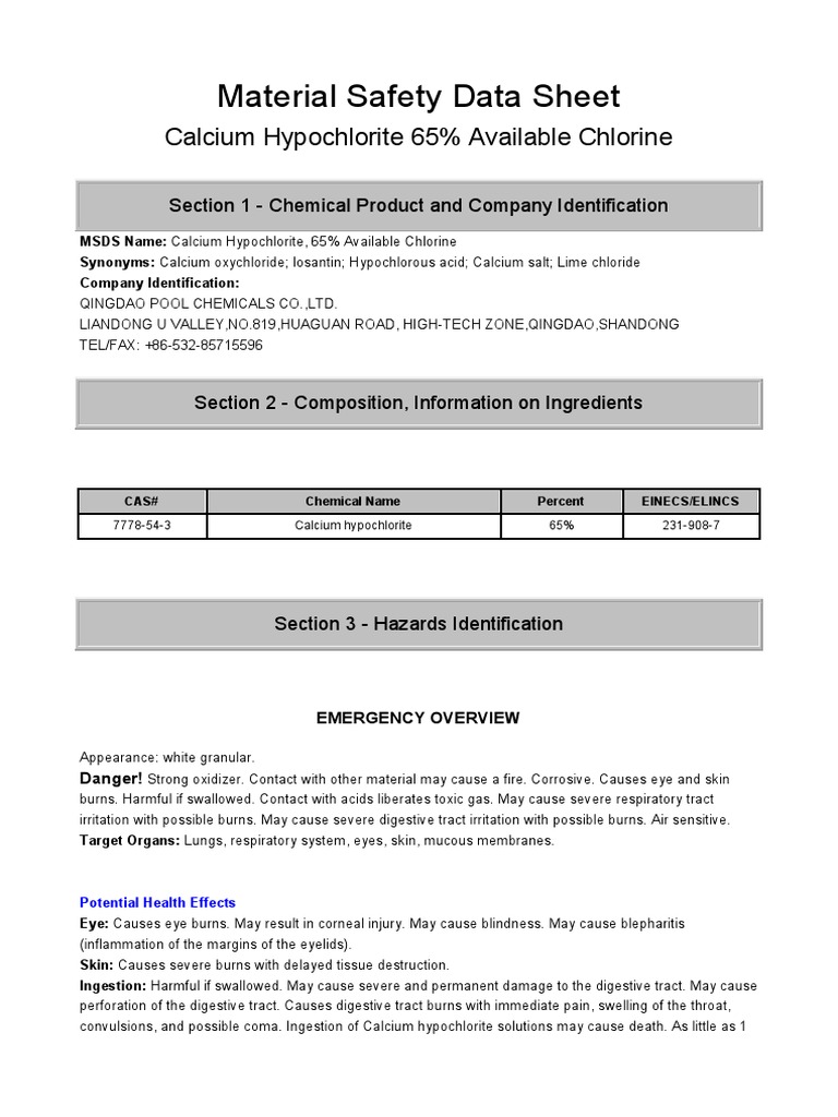 Msds-Calcium Hypochlorite 65% | PDF | Chlorine | Combustion