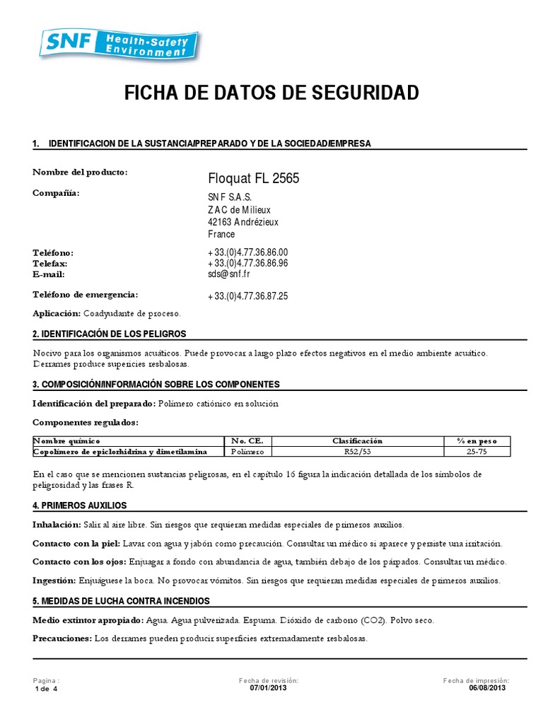 Floquat FL 2565 - MSDS - ES | PDF | Agua | Química