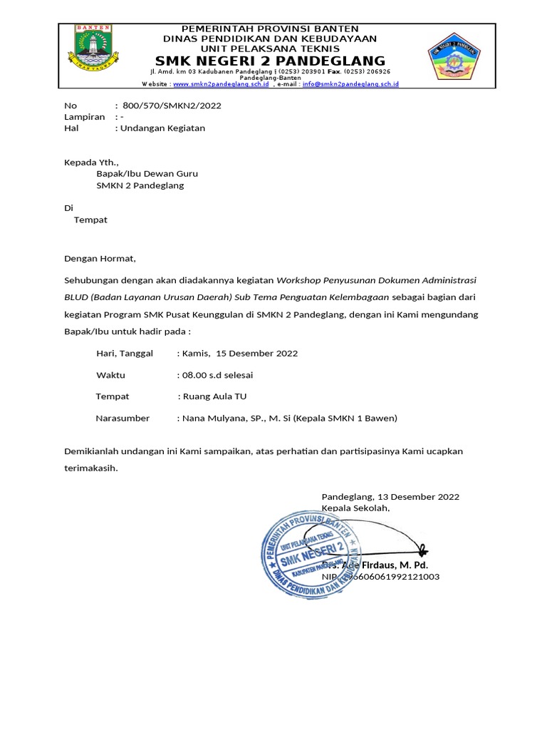 Surat Undangan Peserta Workshop Penguatan Kelembagaan | PDF