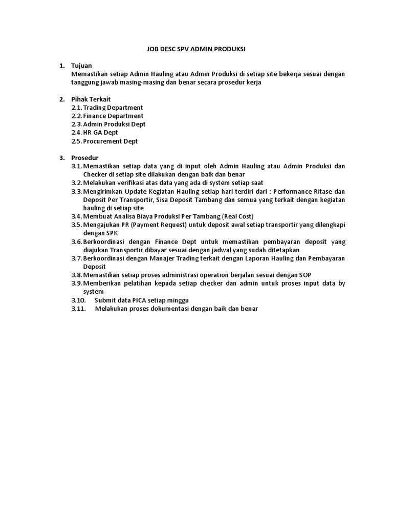 Tugas Dan Tanggung Jawab Admin Produksi Pdf Pengelolaan Keuangan Uang