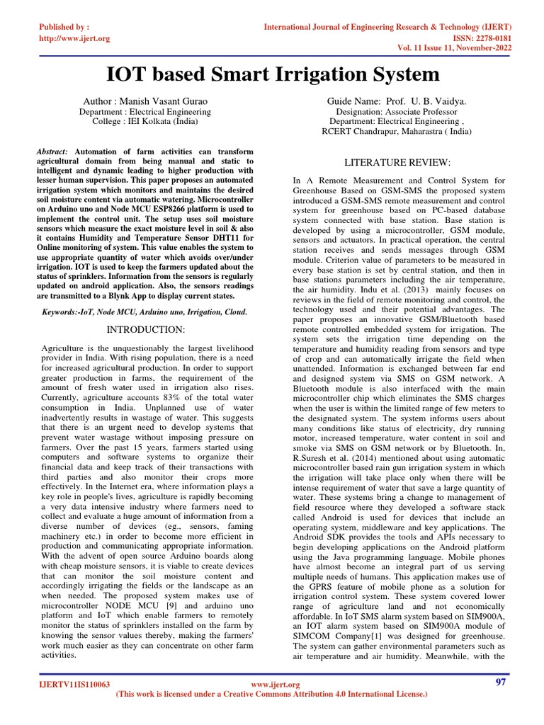 Iot Based Smart Irrigation System | PDF | Arduino | Internet Of Things
