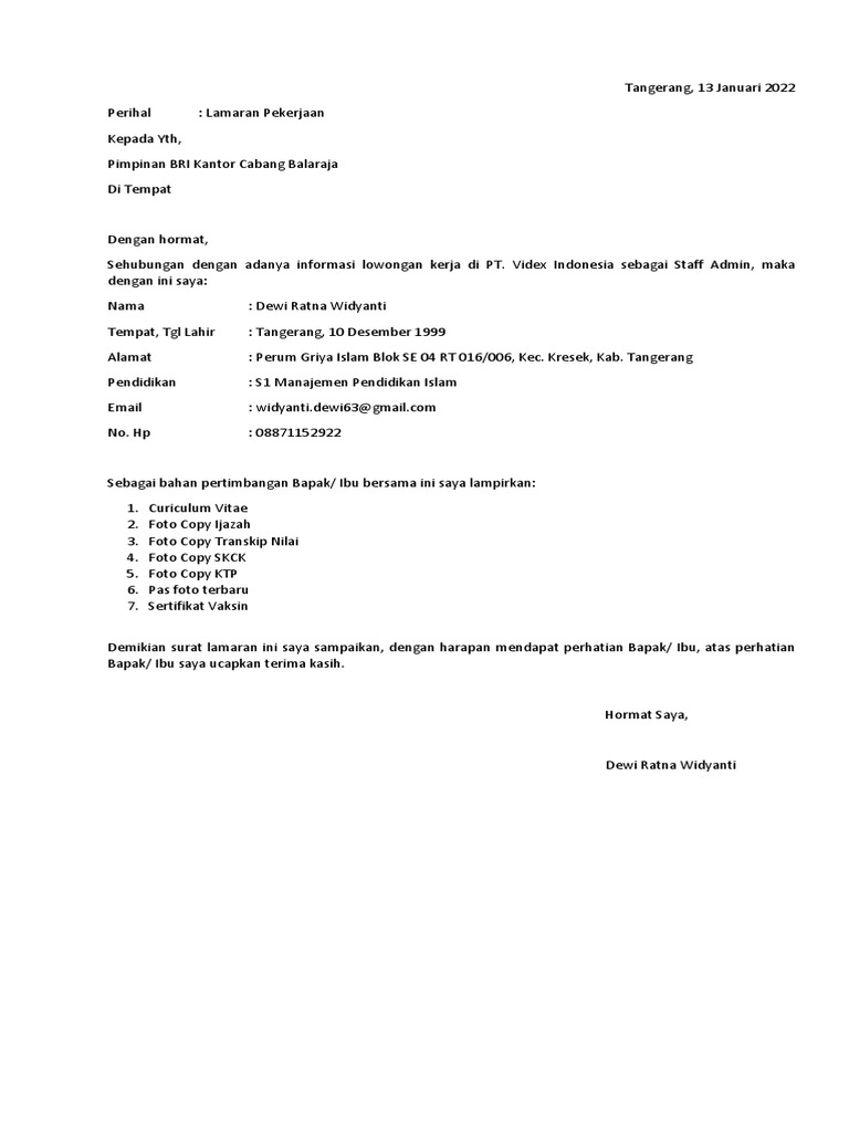 Lamaran & CV Dewi Ratna Widyanti. | PDF