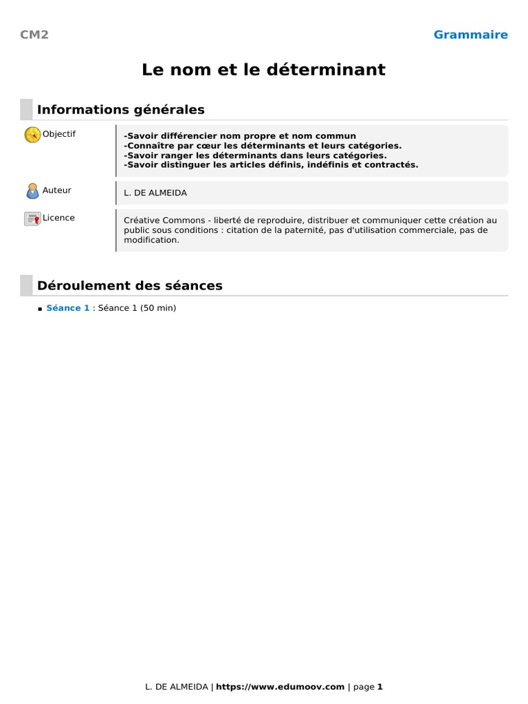 Le nom et son déterminant en CM2 | PDF | Nom (grammaire) | Sciences ...