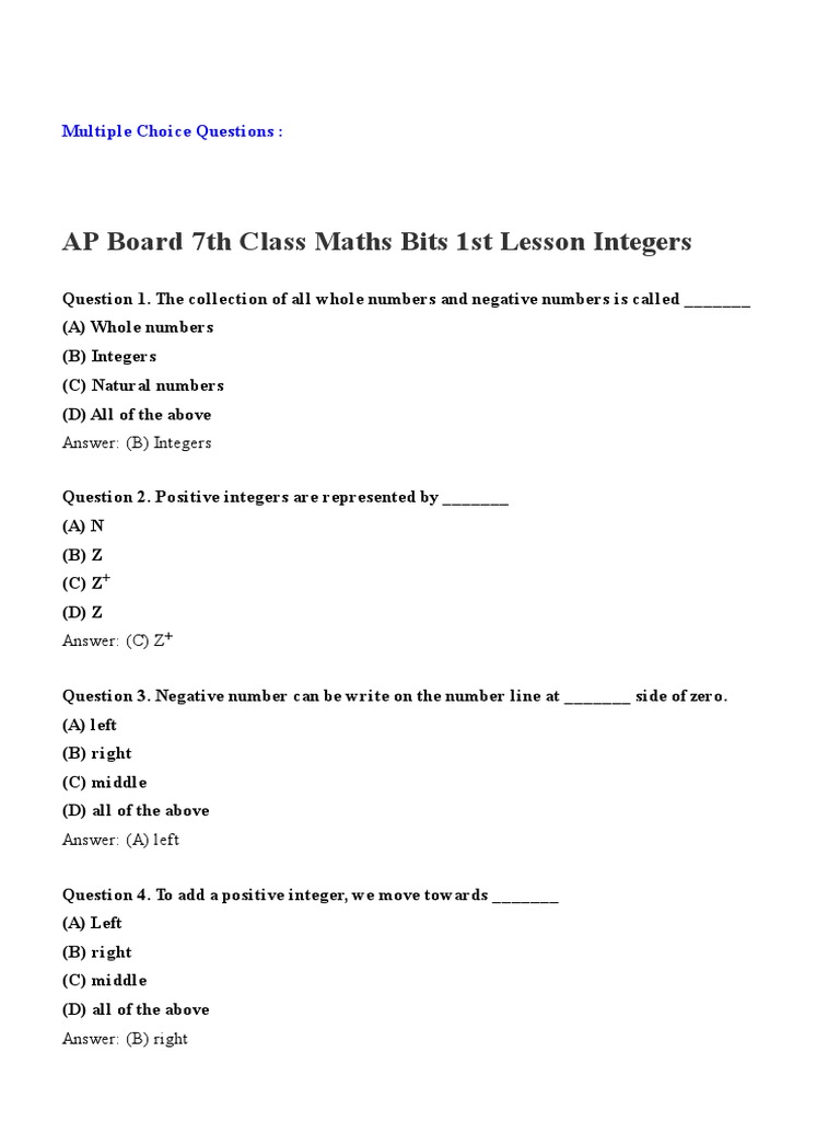 Multiple Choice and Fill-in-the-Blank Questions on Integers and their ...