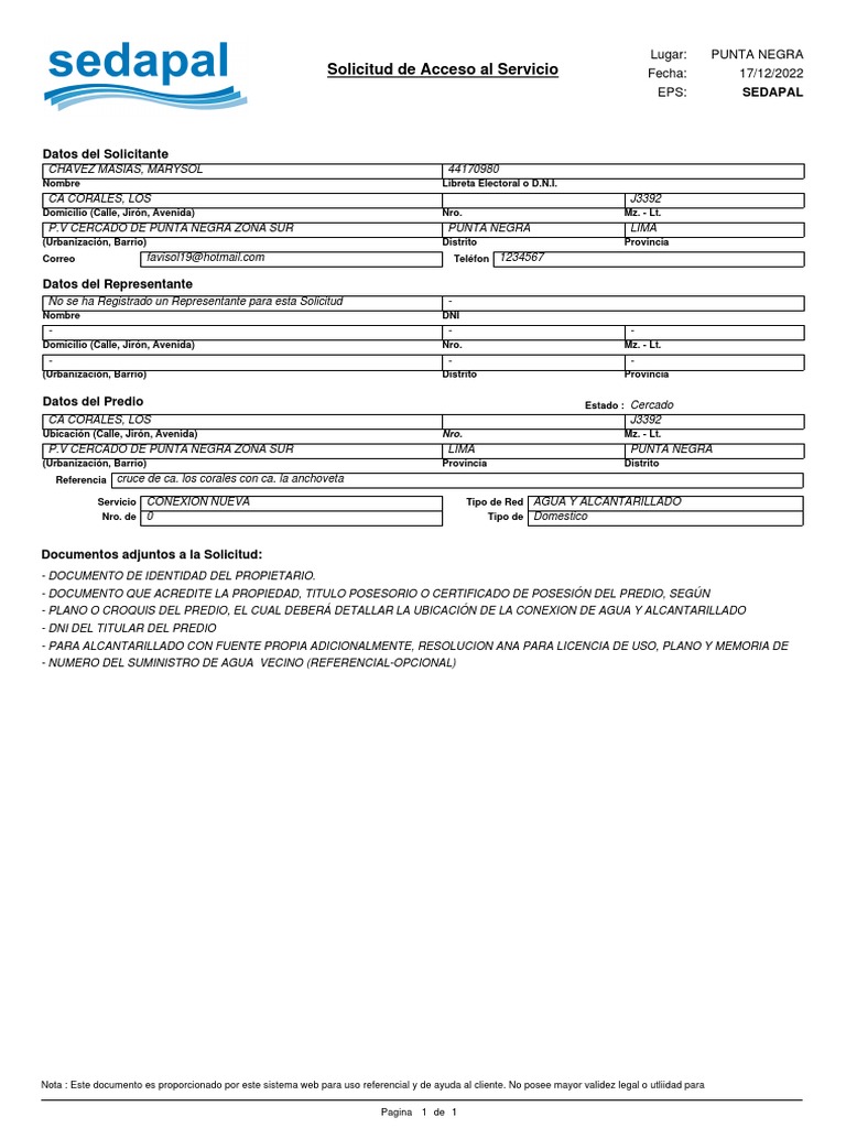 Solicitud Factibilidad de Servicios - Sedapal | PDF