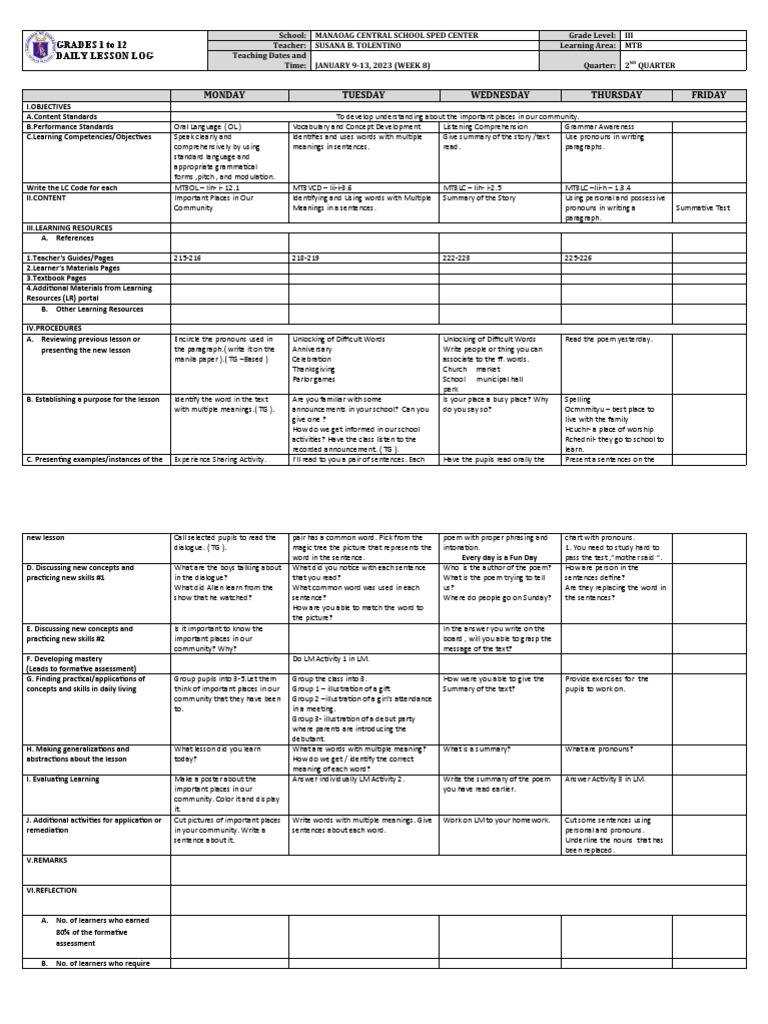 DLL - MTB 3 - Q2 - W8 | PDF | Word | Learning