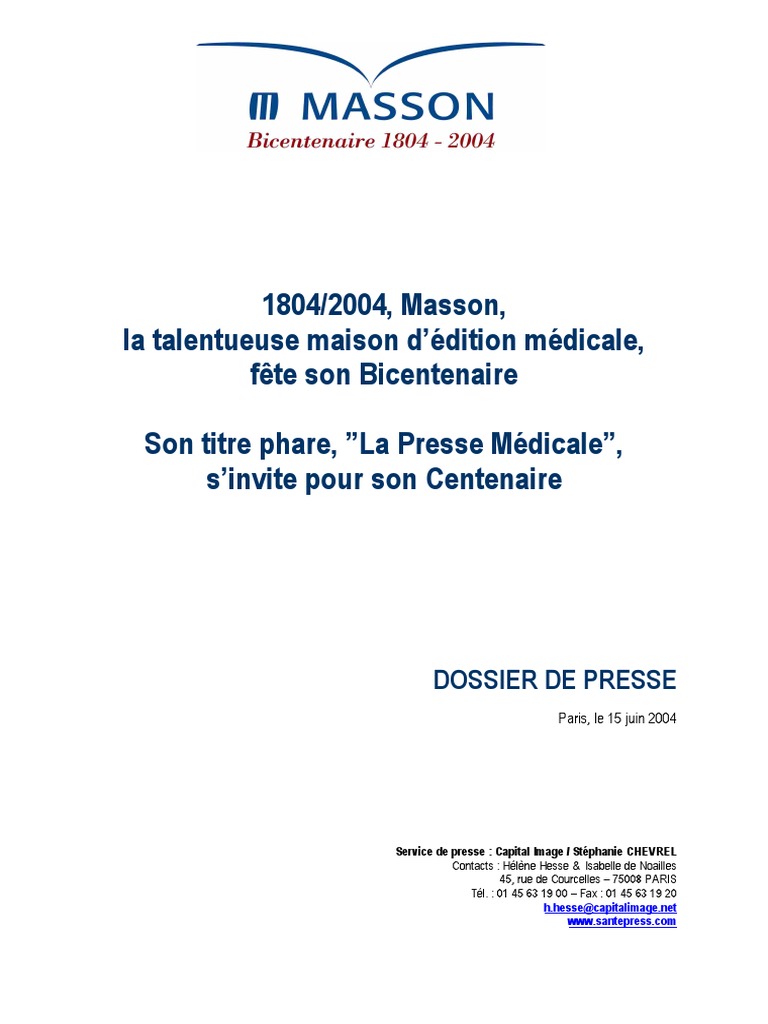 Bicentenaire Masson et Centenaire de La Presse Médicale | PDF