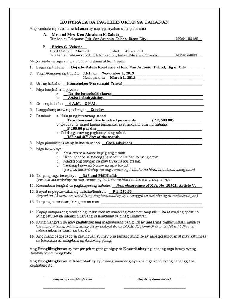 Sample Kasambahay Contract Pdf