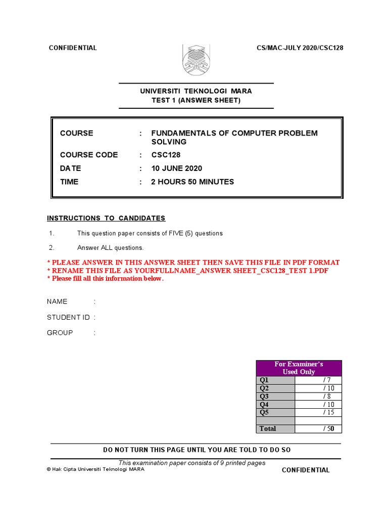 Answer Sheet Csc128 Test 1 March2020 | PDF | Software Engineering ...