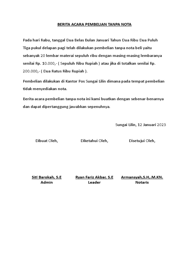 Berita Acara Pembelian Tanpa Nota | PDF