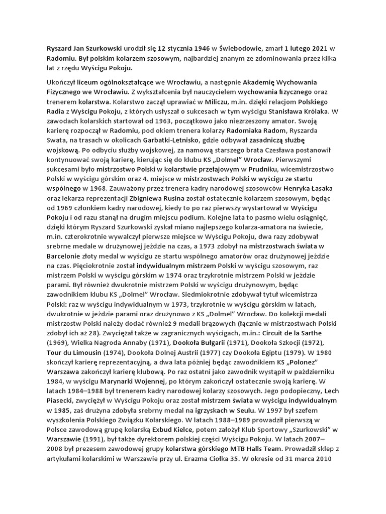 Ryszard Szurkowski - Notatka | PDF