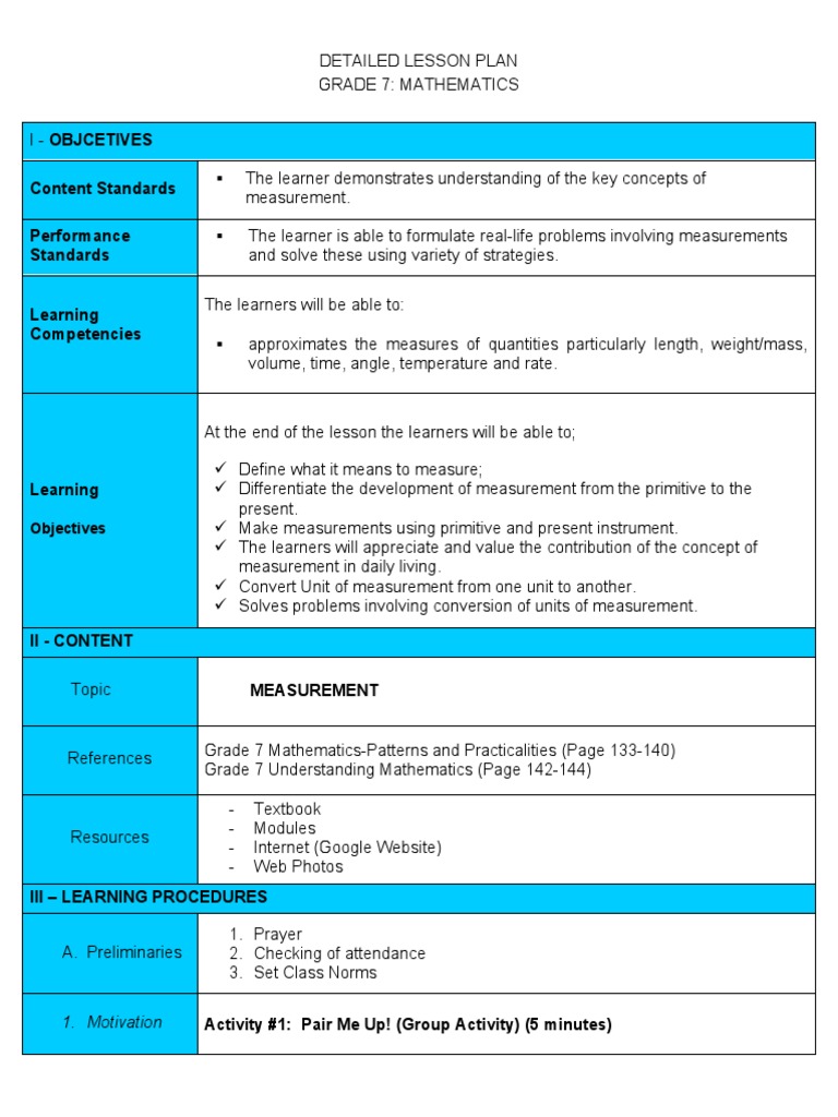 Grade 7 Measurement Lesson Plan | PDF | Measurement | Gallon
