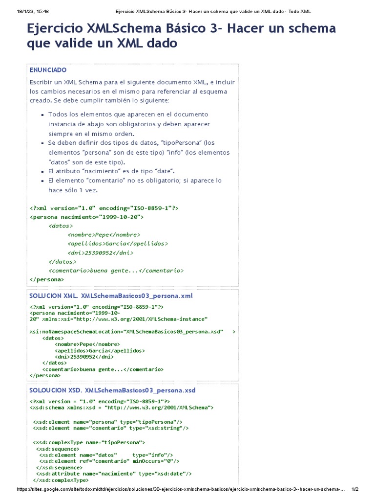 Ejercicio XMLSchema Básico 3 - Hacer Un Schema Que Valide Un XML Dado - Todo XML | PDF