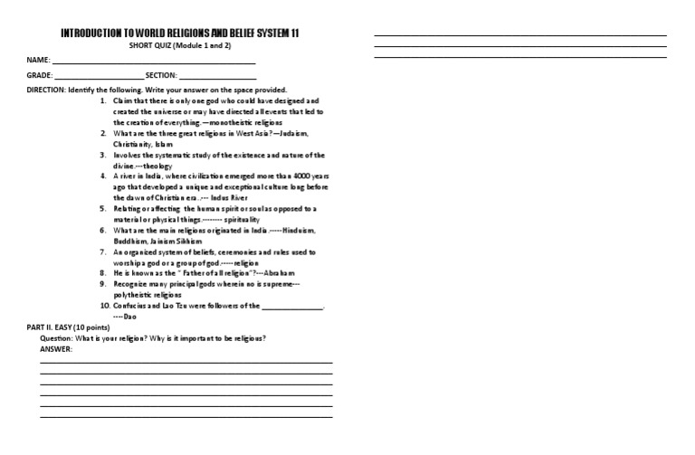 World Religions Quiz and Worksheet | PDF | God | Monotheism