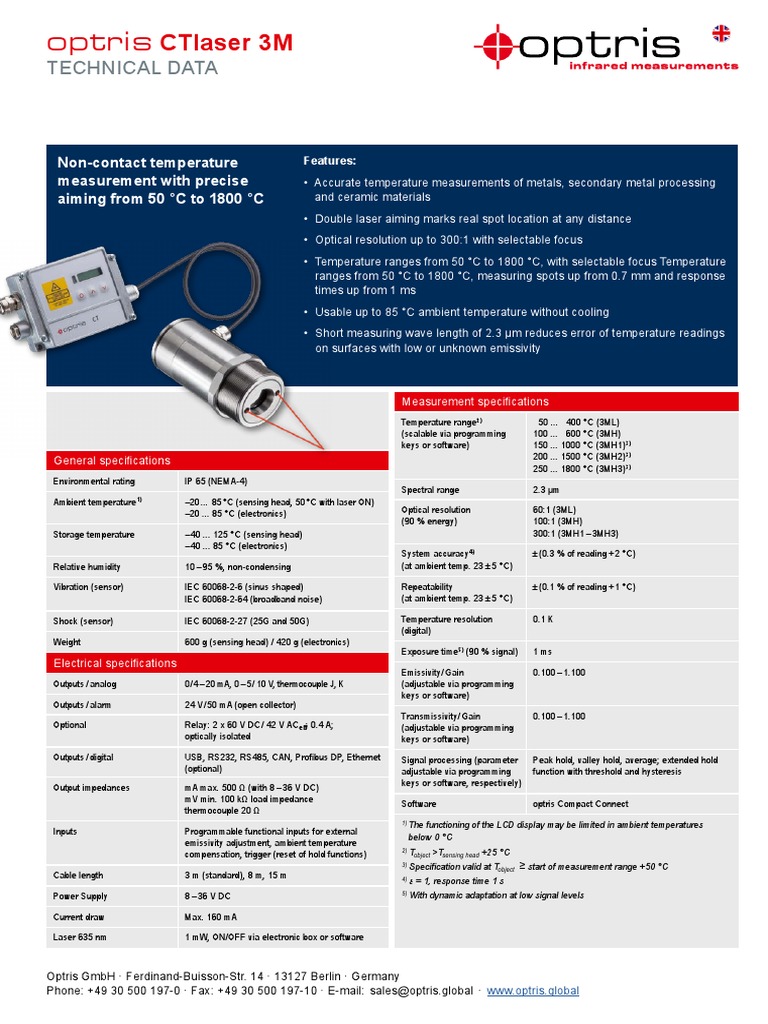 Datasheet Optris CTlaser 3M | PDF | Thermocouple | Sensor