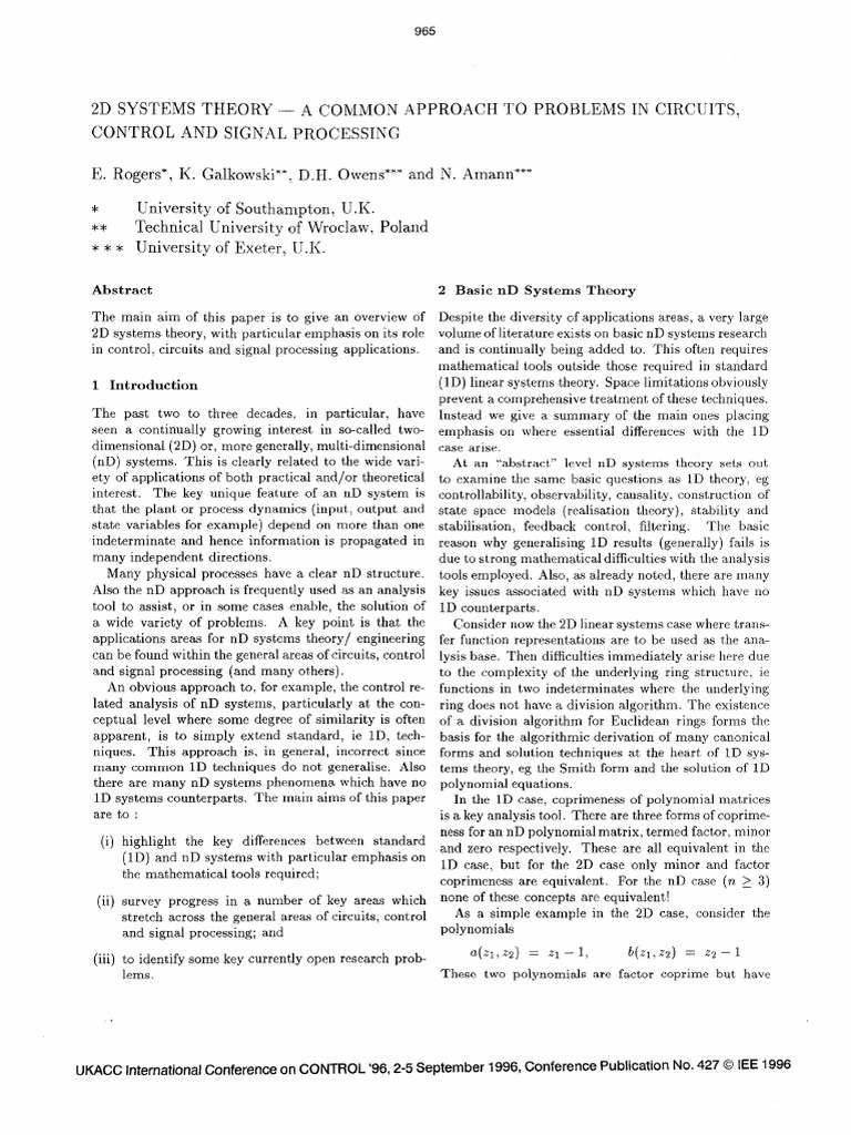 2-D System Theory | PDF | Matrix (Mathematics) | Control Theory