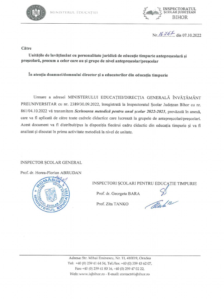 Adresa 16747 - Scrisoare Metodica Educatie Timpurie | PDF