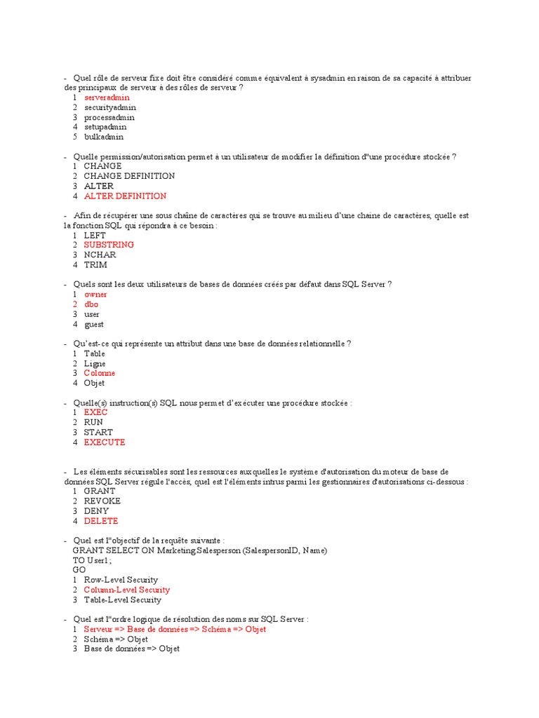 Quiz SQL Server : Rôles, Permissions et Fonctions | PDF