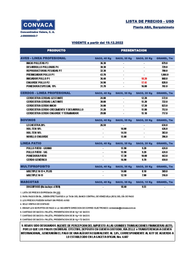 USD - Lista de Precios - Planta ABA, Barquisimeto - 19.12.2022 | PDF | Dinero | Gobierno