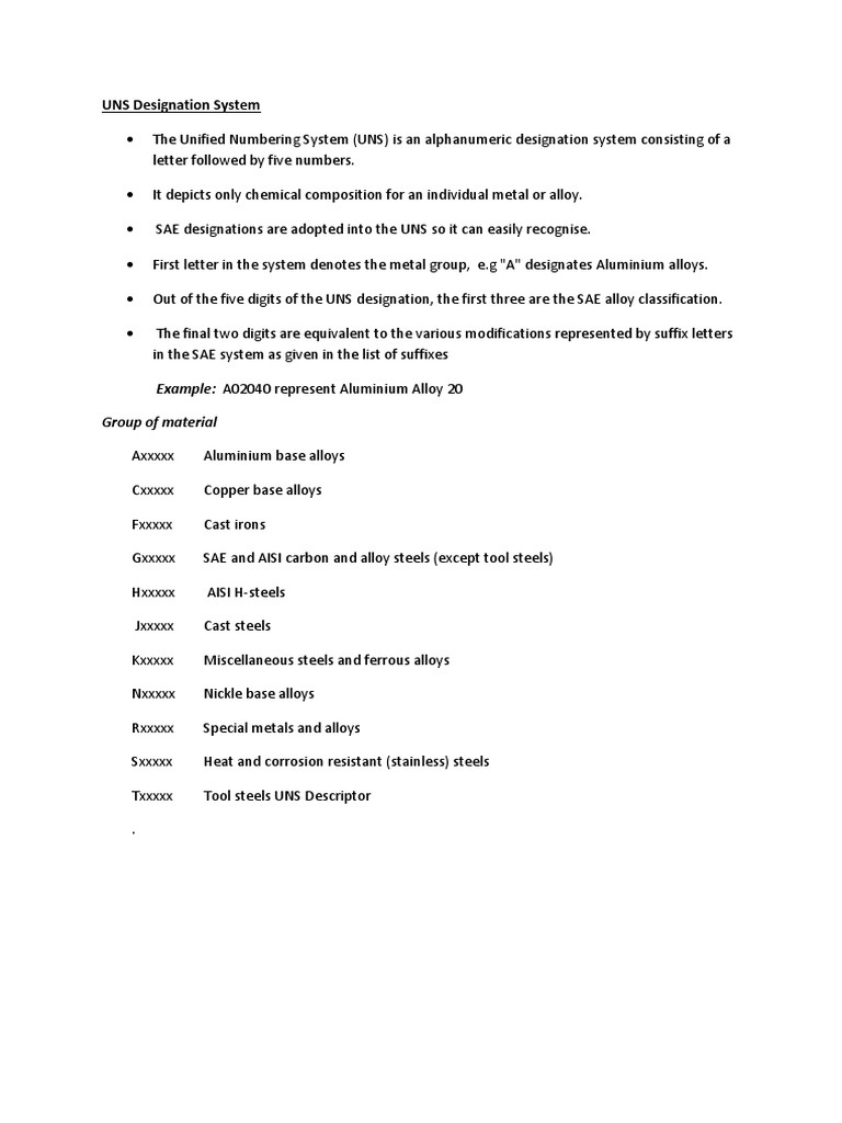 UNS Designation System: Example: A02040 Represent Aluminium Alloy 20 ...