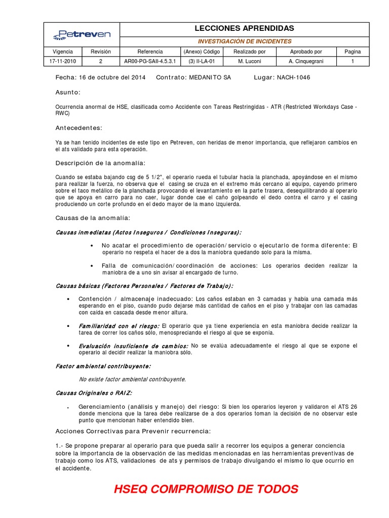 Lecciones Aprendidas Laceracion Dedo Mayor 16-10-14 H-106 | PDF