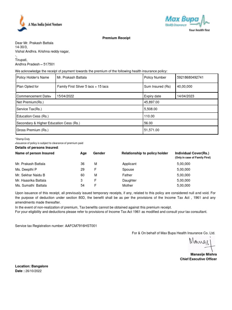 Prakash B Medical Insurance 22-23 | PDF | Insurance | Taxes