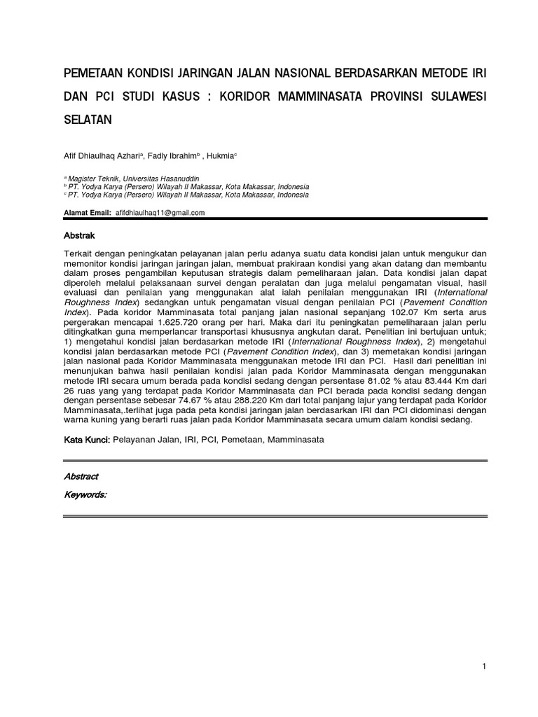 Pemetaan Kondisi Jaringan Jalan Berdasarkan Metode Iri Dan Pci Studi ...