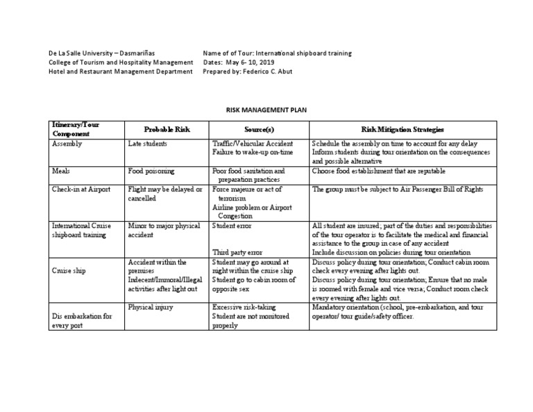 Risk Management Plan Example | PDF | Cruise Ship | Risk Management