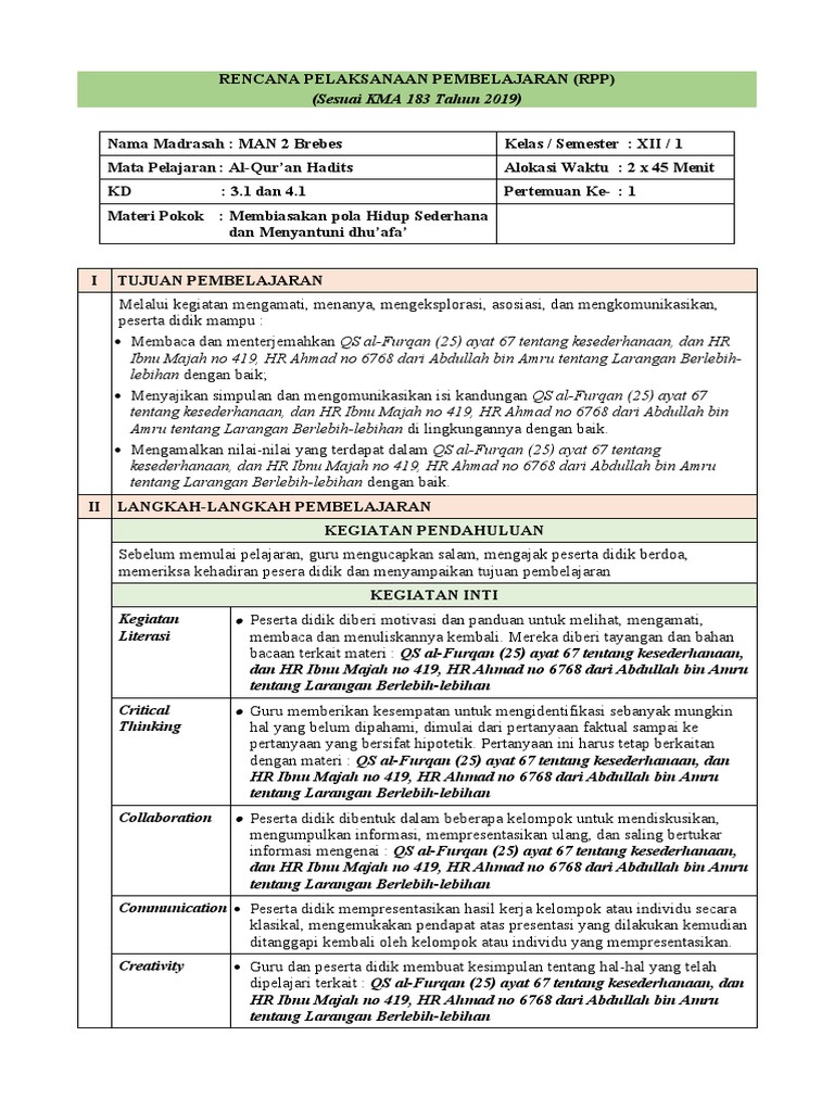 RPP 1 Lembar Qurdis Kelas 12 - KD 01 | PDF